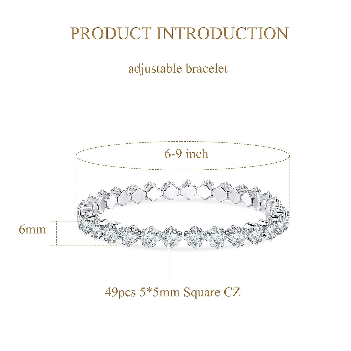 Square Cubic Zirconia Open Adjustable Cuff Bracelet for Women Men, White Gold Plated Personalized CZ Tennis Bracelet and Rhinestone Anklets Chain (Square CZ Bracelet)