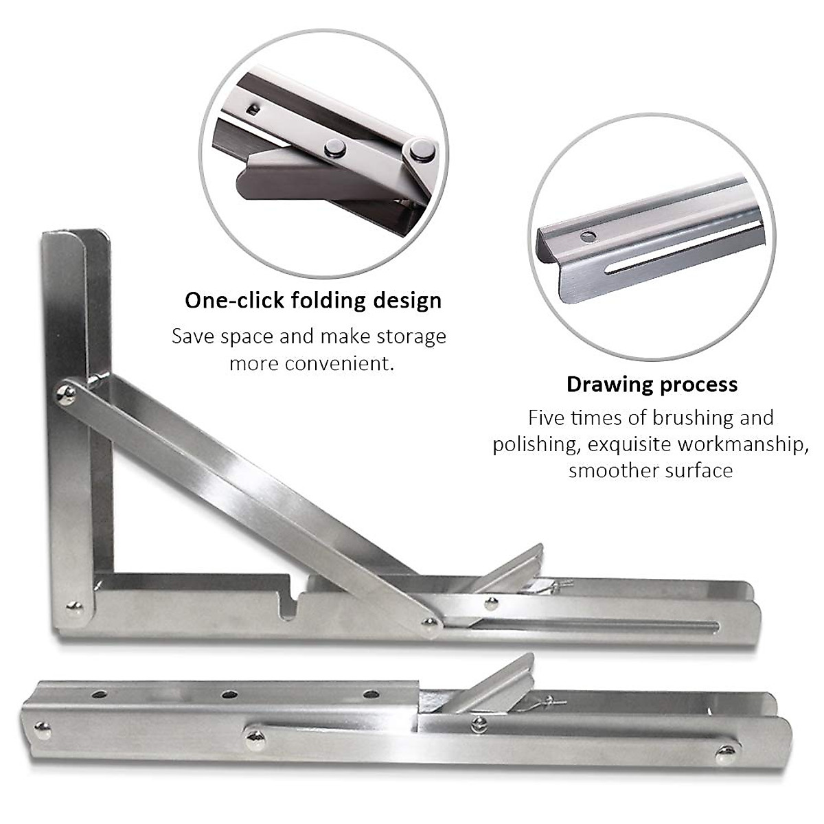 Storystore Folding Shelf Brackets - Heavy Duty Stainless Steel Collapsible Shelf Bracket for Bench Table, Space Saving DIY Bracket, Max Load: 550lb （Long :12” , 2 PCS）