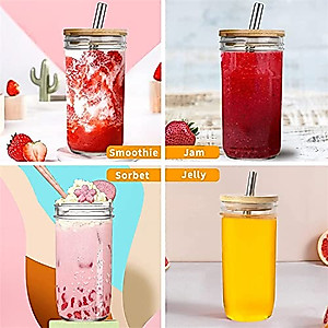 MOHARY [ 4 Pack ] Glass Cups Set - 24oz Mason Jar Drinking Glasses with Bamboo Lids & Straws & 2 Airtight Lids & 2 hole Lids - Cute Reusable Boba Bottle, Travel Tumbler for Tea, smoothie