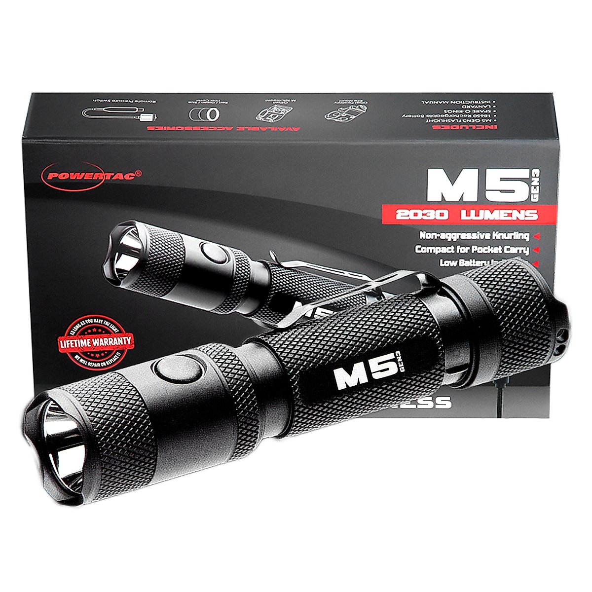 PowerTac M5 GEN3 - The Crescent Wrench of Tactical LED Rechargeable Flashlights. Intense 2030 Lumens, 330M Throw with Ample Fill for Closer Distances, Enhanced Magnetic Charging