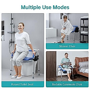 ELENKER Heavy Duty Raised Toilet Seat with Armrests and Padded Seat, Elevated Toilet Seat Riser, Medical Bedside Commode Chair for Elderly and Disabled, Blue