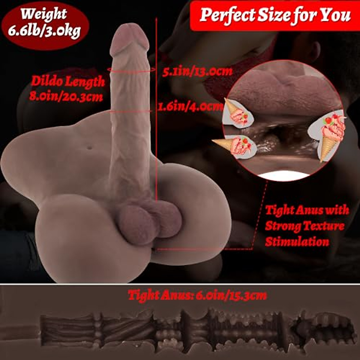 Male Sex Doll with Flexible Dildo Realistic Huge Cock, Black Men Sex Dolls for Women, Male Sex Doll Torso Tight Anal Hole 8in Cock for Female Masturbation, Unisex Masturbator Toy for Gay Couple 7lb