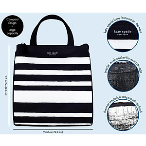 Kate Spade New York Cute Lunch Bag for Women, Large Capacity Lunch Tote, Adult Lunch Box with Silver Thermal Insulated Interior Lining and Storage Pocket Sarah Stripe (Black/White)