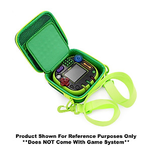 CASEMATIX Green Toy Box Travel Case Compatible with Leapfrog Rockit Twist Handheld Learning Game System - Includes Adjustable Shoulder Strap, Accessory Storage and Rubber Frog Keychain - CASE ONLY