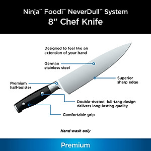 Ninja K30020 Foodi NeverDull System 8-Inch Chef Knife, Premium, German Stainless Steel, Black