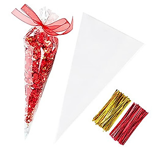 Large Cone Cellophane Bags,7x15 Inches 200 PCS Plastic Popcorn Cone Bags for Party, Clear Cone Shaped Treat Bags with Twist Ties