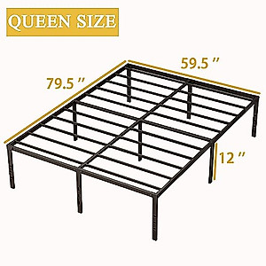 MISAGI Queen 14inch Metal Bed Frame No Box Spring Needed, Heavy Duty Metal Platform with Tool Free Setup, Black, Durable, Suitable for Bedroom, Queen