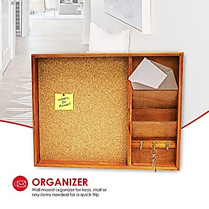 Home Basics Wall Mounted Wood Bulletin Board with Mail Organizer And 3 Hook Key Holder, Pine