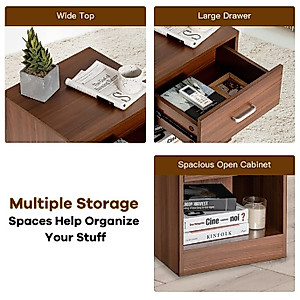 SAFEPLUS End Table Wood nightstand Side Cabinet with Drawer & Shelves for Bedroom (Brown, 2 Pack)