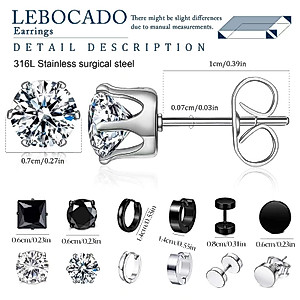 LEBOCADO 12 Pairs Earrings for Men, Stainless Steel Black Stud Earrings Hoop Earrings Set for Women, Black and Sliver Ear Studs (12 Pairs Set)