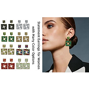 Mejialaa Women's Fashion Crystal Square Dangle Statement Earrings Geometric Shaped with Rhinestone Drop Earrings for Party Prom Ruby Color Gold-Tone