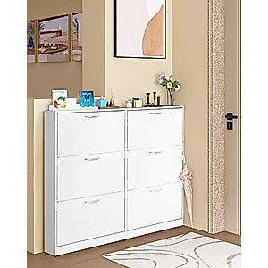 HOPUBUY Narrow Shoe Cabinet for Entryway, White Shoe Storage Cabinet, Slim Flip Down Shoe Rack 3 Tier Shoe Organizer for Home and Apartment