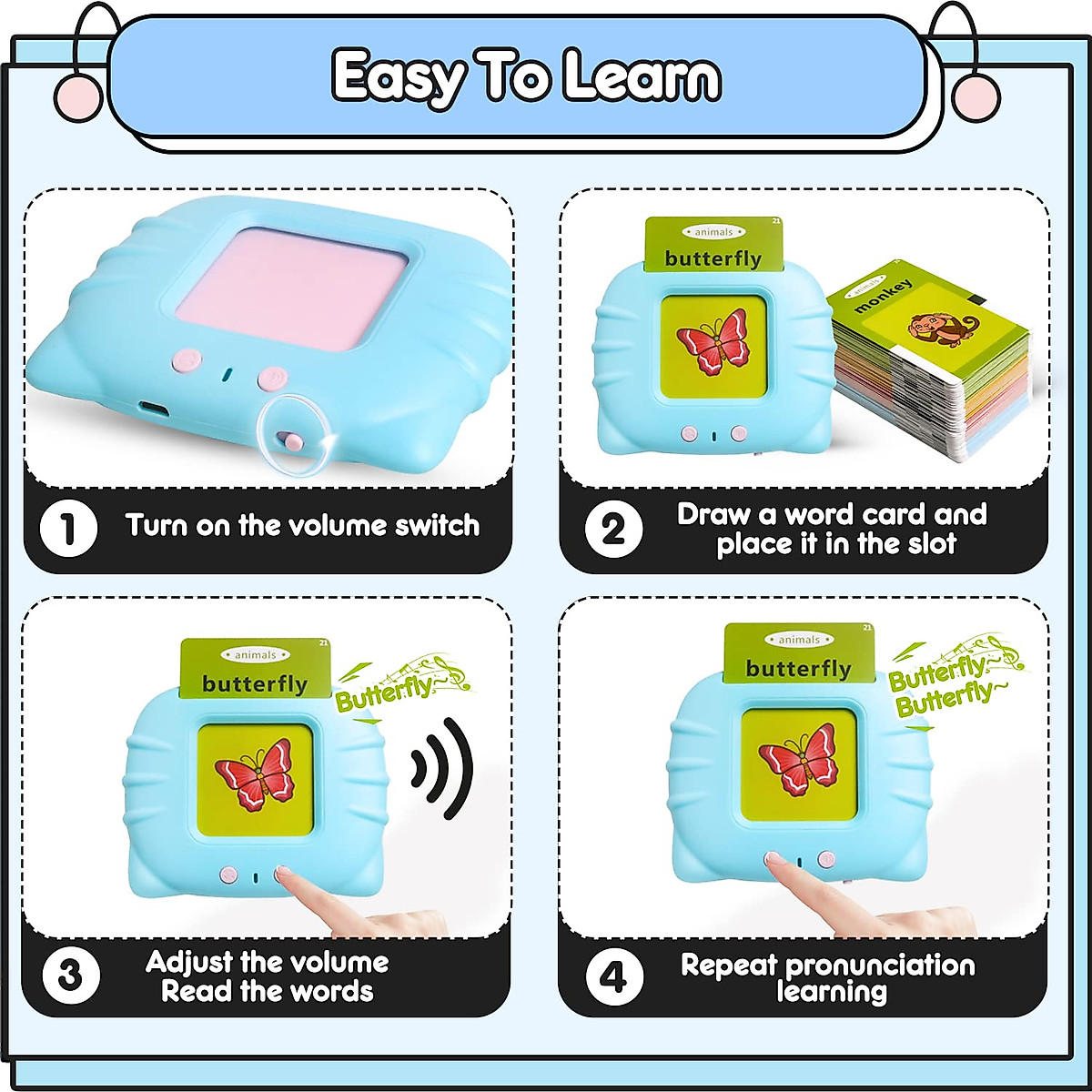 Toddler Flash Cards Learning Toys for 2 3 4 5 6 Year Old Reading Machine with 112 Pcs Flash Cards 224 Words Preschool Learning Activities for Toddlers Kids Birthday Gifts (Blue)