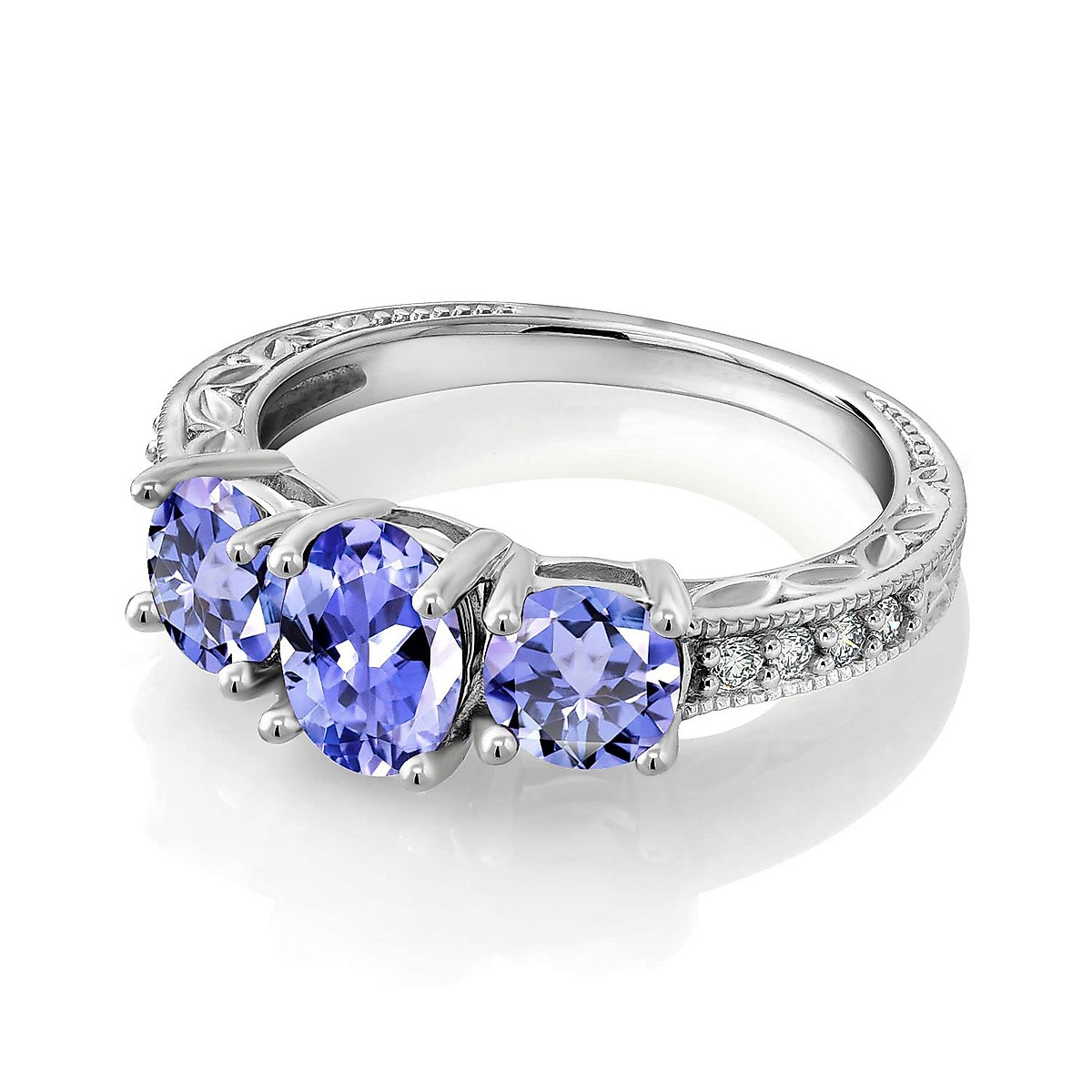 Gem Stone King 10K White Gold Blue Tanzanite and White Lab Grown Diamond 3 Stone Engagement Ring For Women (1.71 Cttw, Oval Gemstone December Birthstone, Available in size 5, 6, 7, 8, 9)