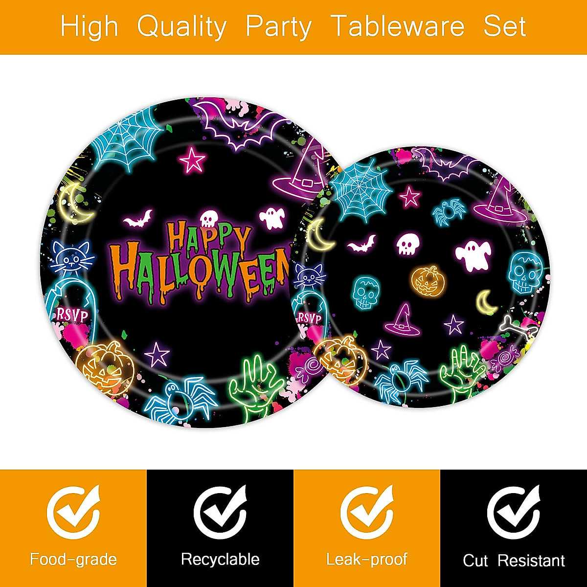 96 Pcs Neon Halloween Party Supplies for 24 Guests Spooky Costume Tableware Plates Napkins Glow Party Dinnerware Table Decorations Happy Halloween Party Favor for Kids Teen Adult