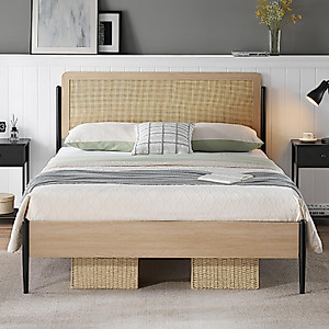 Queen Size Bed Frame with Rattan Headboard, Rattan Queen Bed Frame Platform with Rounded Corner Headboard, Queen Bed Frame Under Bed Storage Headboard, No Box Spring Needed, White Oak (Queen)