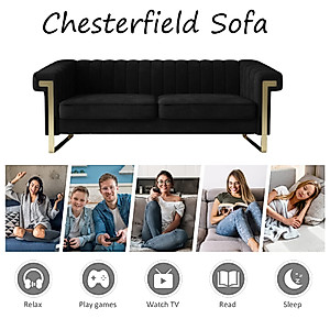 RUNOLIG Chesterfield Sofa, Upholstered Blue Velvet Couch with Flared Arms and Removable Cushions, Comfy Couch with Wood Frame and Gold Legs, Modern Couches for Living Room, Apartment, Office