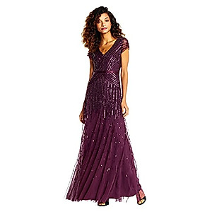 Adrianna Papell Women's Long Beaded V-Neck Dress with Cap Sleeves and Waistband, Cassis, 10