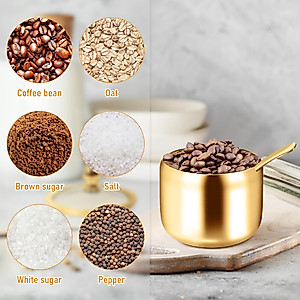 holoith Sugar Container with Glass Lid and Spoon - 10oz Gold Sugar Bowl for Coffee Bar Station Accessories Kitchen Storage for Salt, Candy, Coffee Bean (Gold)