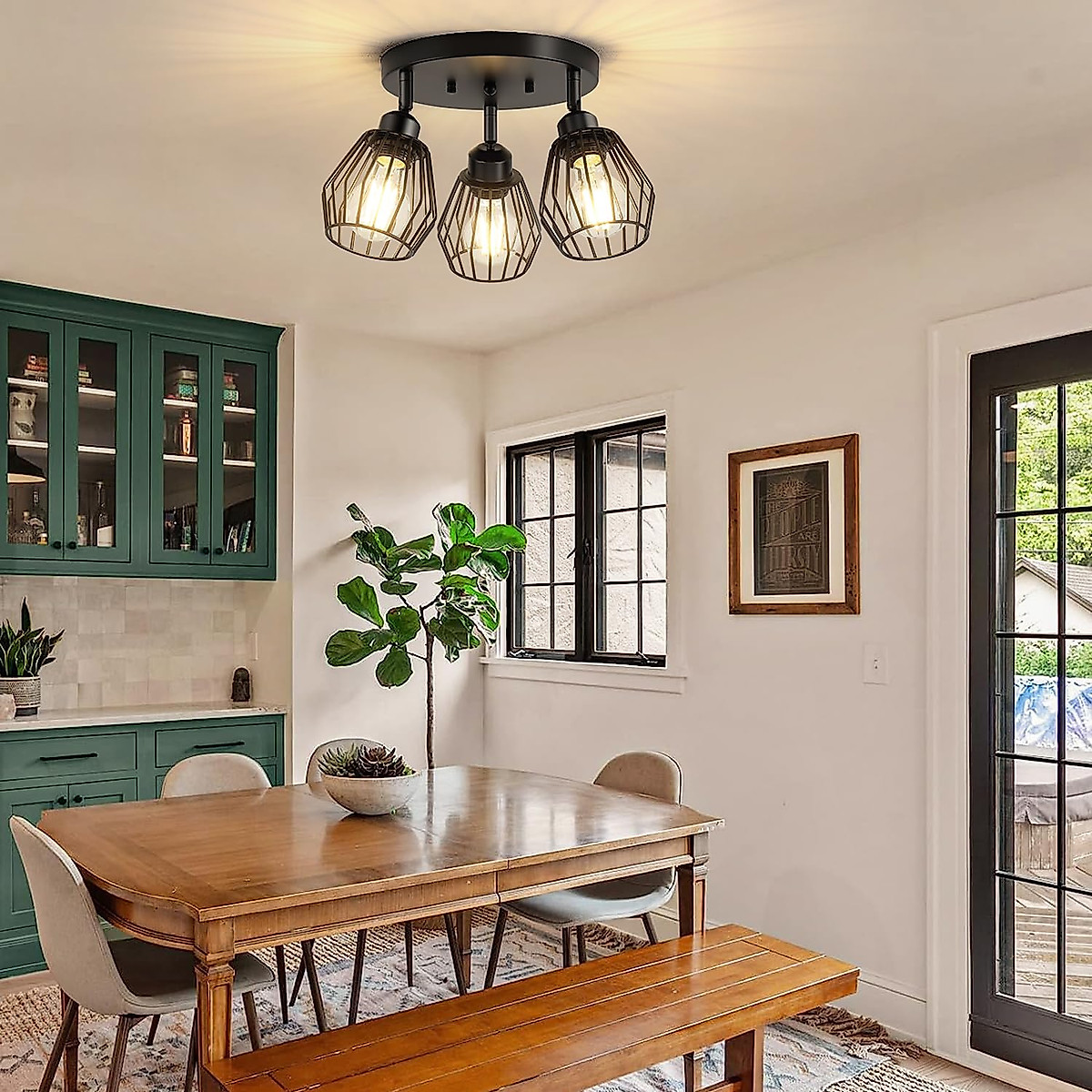 Baocuz 3-Light Kitchen Light Fixtures Ceiling Mount, Adjustable Multi-Directional Ceiling Fixture, Farmhouse Black Metal Cage Flush Mount Ceiling Light Fixtures for Hallway Dining Room Entryway