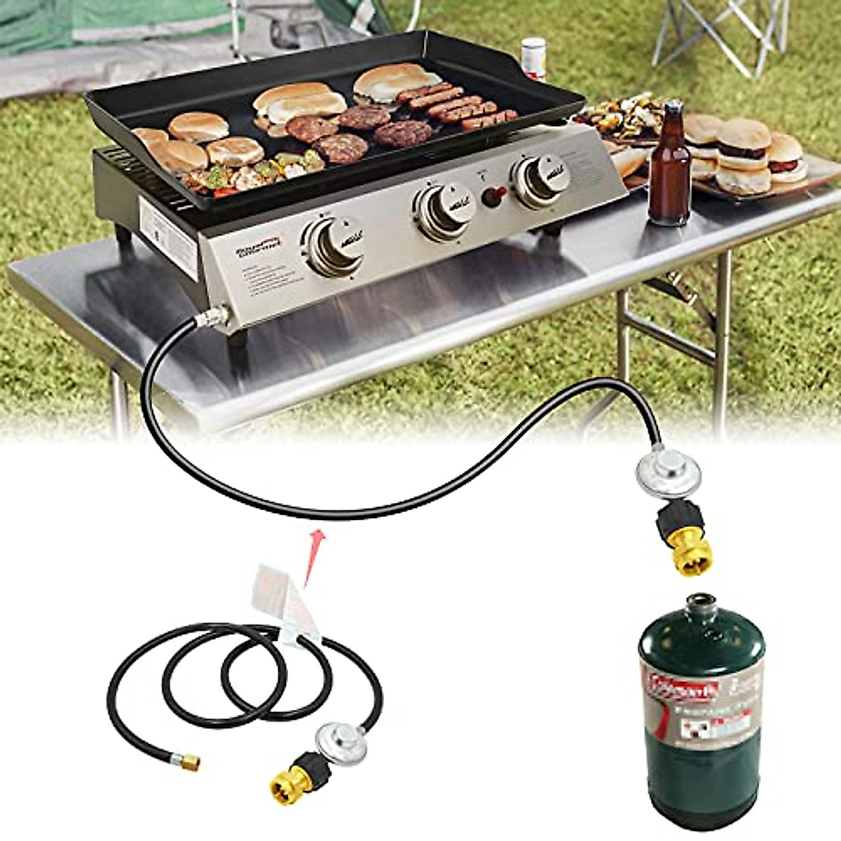 MENSI 5 Feet Propane Regulator and Hose Universal Grill Regulator Replacement Parts, QCC1 Type for Most LP Gas Grill, Heater and Fire Pit Table, 3/8" Female Flare Nut with Steak Saver ACME 1LB Adapter