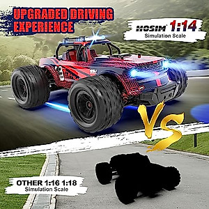 Hosim 1:14 RC Cars with Colorful LED Lights, 40+ KPH High Speed Remote Control Car, 4X4 RTR Fast RC Trucks Waterproof Hobby Toy Off-Road Jumping Crawler Electric Vehicle for Boys Children Adults (Red)