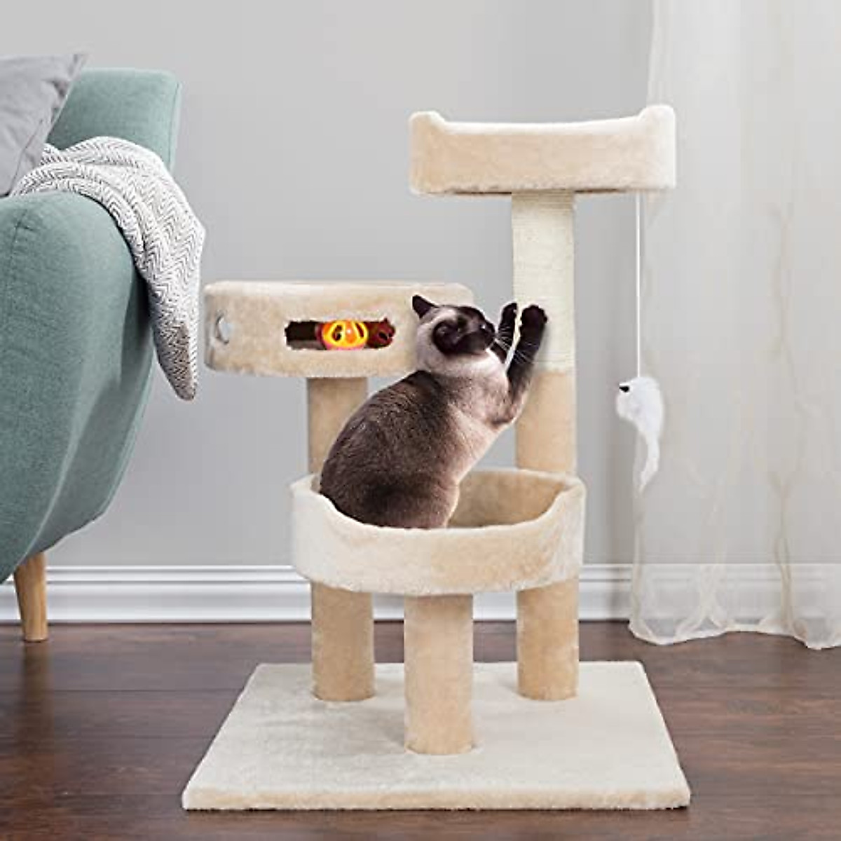 PETMAKER 3-Tier Cat Tower Collection - 2 Carpeted Napping Perches, Sisal Rope Scratching Post, Hanging Mouse, and Interactive Cheese Wheel Toy