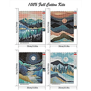 LWZAYS Cross Stitch Kits - Moon Counted Cross Stitch Kits 4 Pack Stamped Cross-Stitch Mountains Needlepoint Counted Kits Beginners,Embroidery Kit Arts and Crafts for Home Decor