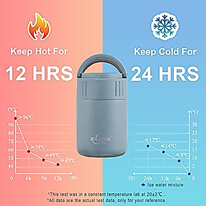 ZLINS Insulated Food Jar 13 oz, Foldable Spoon, Reusable Stainless Steel Lunch Thermos Container, Leak Proof Vacuum Lunch Storage for Soup Hot Cold, Portable Smoothie Bowl with Handle Lid (Blue)