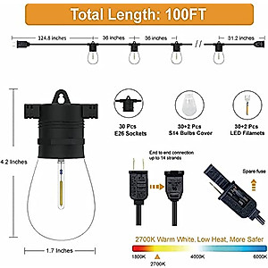 ZOTOYI Outdoor String Lights Patio Light 100 ft, LED Dimmable Lighting S14 LED Outdoor Lights with 30+2 Plastic Bulbs, Waterproof for Outside Cafe Balcony Backyard Bistro Garden Patio Porch