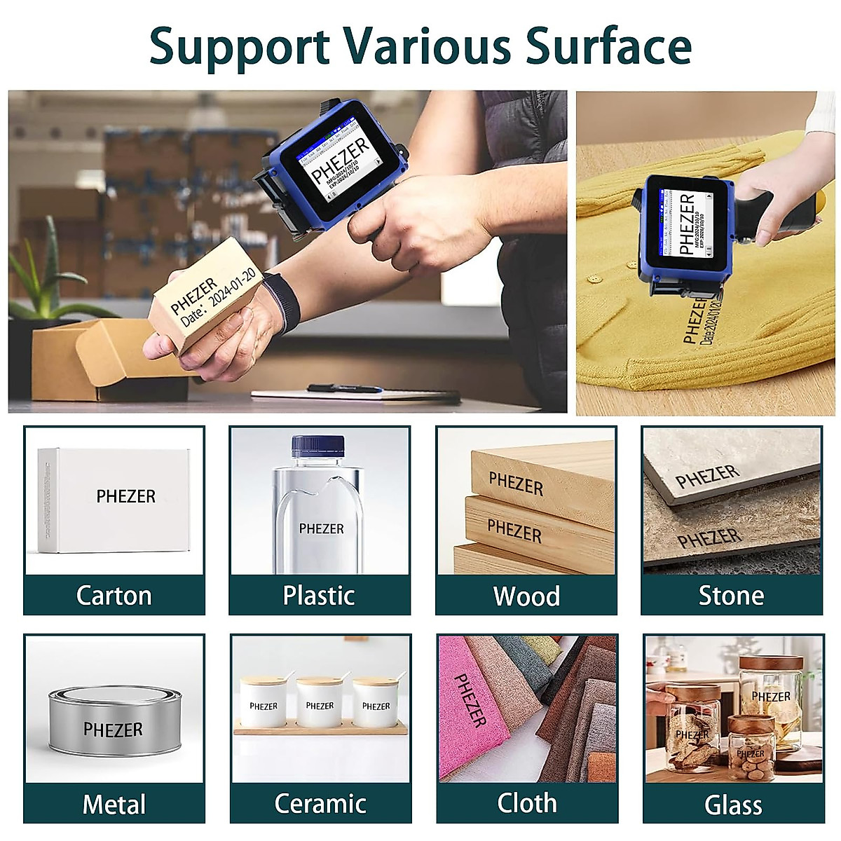 Phezer Mini Handheld Inkjet Printer PC11 for All Materials, with Touch Screen and Quick-Drying Ink Cartridge, Portable Pocket Marking Device for Label/Date/Barcode/Logo/Qrcode/Batch Number/Image