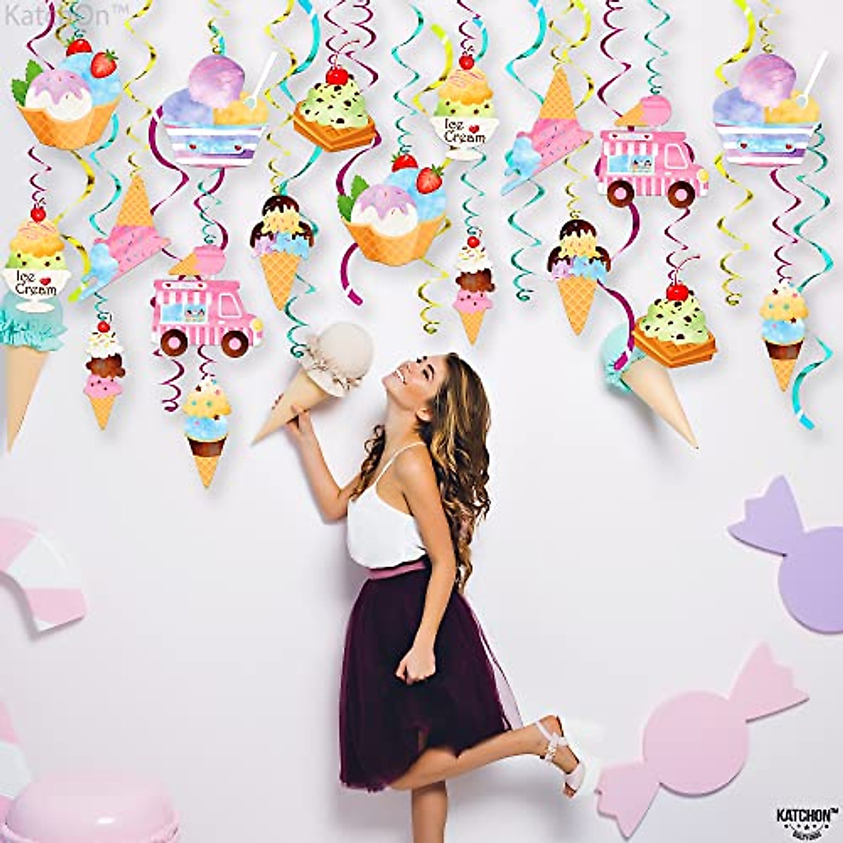 Hanging Ice Cream Party Decorations - Pack of 48, No DIY | Ice Cream Hanging Swirl Decorations | Ice Cream Themed Birthday Party Supplies | Ice Cream Decorations, Birthday, Baby Shower, Gender Reveal