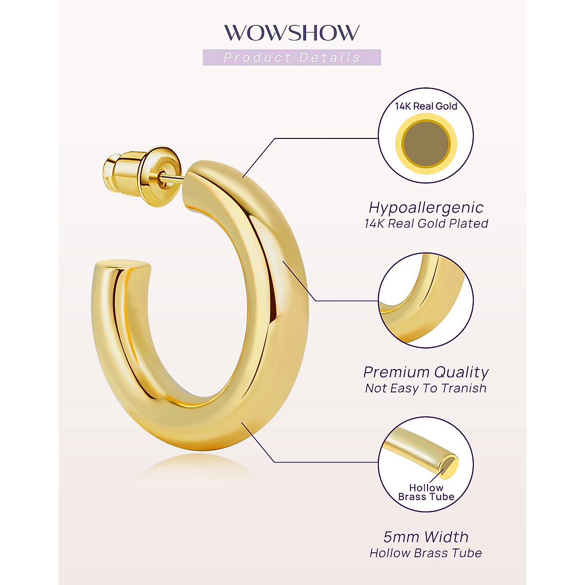 wowshow Chunky Gold Hoop Earrings, Small Gold Hoop Earrings for Women 14K Real Gold Plated 20mm Thick Open Hoops Lightweight