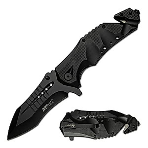 MTech USA – Spring Assisted Folding Knife – Black Stainless Steel Blade and Black Aluminum Handle with Rope Cutter, Glass Punch and Pocket Clip - Hunting, Camping, Survival, Tactical, EDC – MT-A845BK