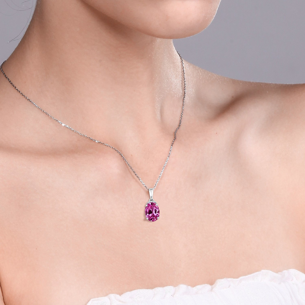 Gem Stone King 10K White Gold Oval Gemstone Birthstone and White Diamond Pendant Necklace For Women | Oval 9X7MM | Gold Necklace for Women | With 18 Inch Chain