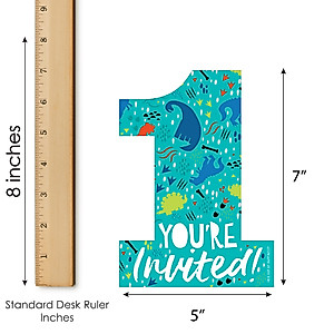 Big Dot of Happiness 1st Birthday Roar Dinosaur - Shaped Fill-In Invitations - ONEasaurus Dino First Birthday Party Invitation Cards with Envelopes - Set of 12