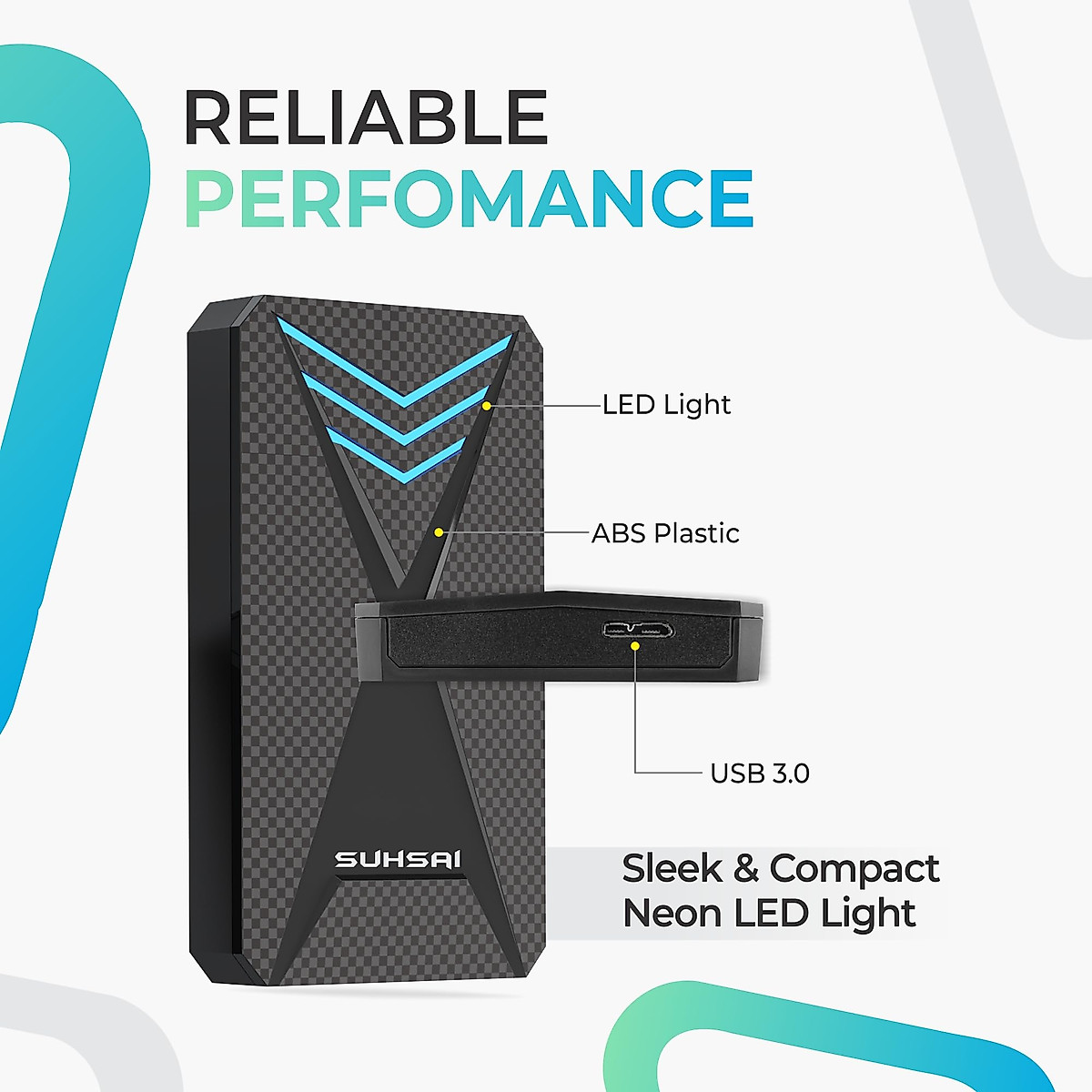 SUHSAI 500GB Portable Gaming External Hard Drive, USB 3.0, 2.5 inch HDD with RGB Light Plug & Play Backup Drive Compatible with Windows, Mac, Xbox Series X, PS4, PS5 - Black