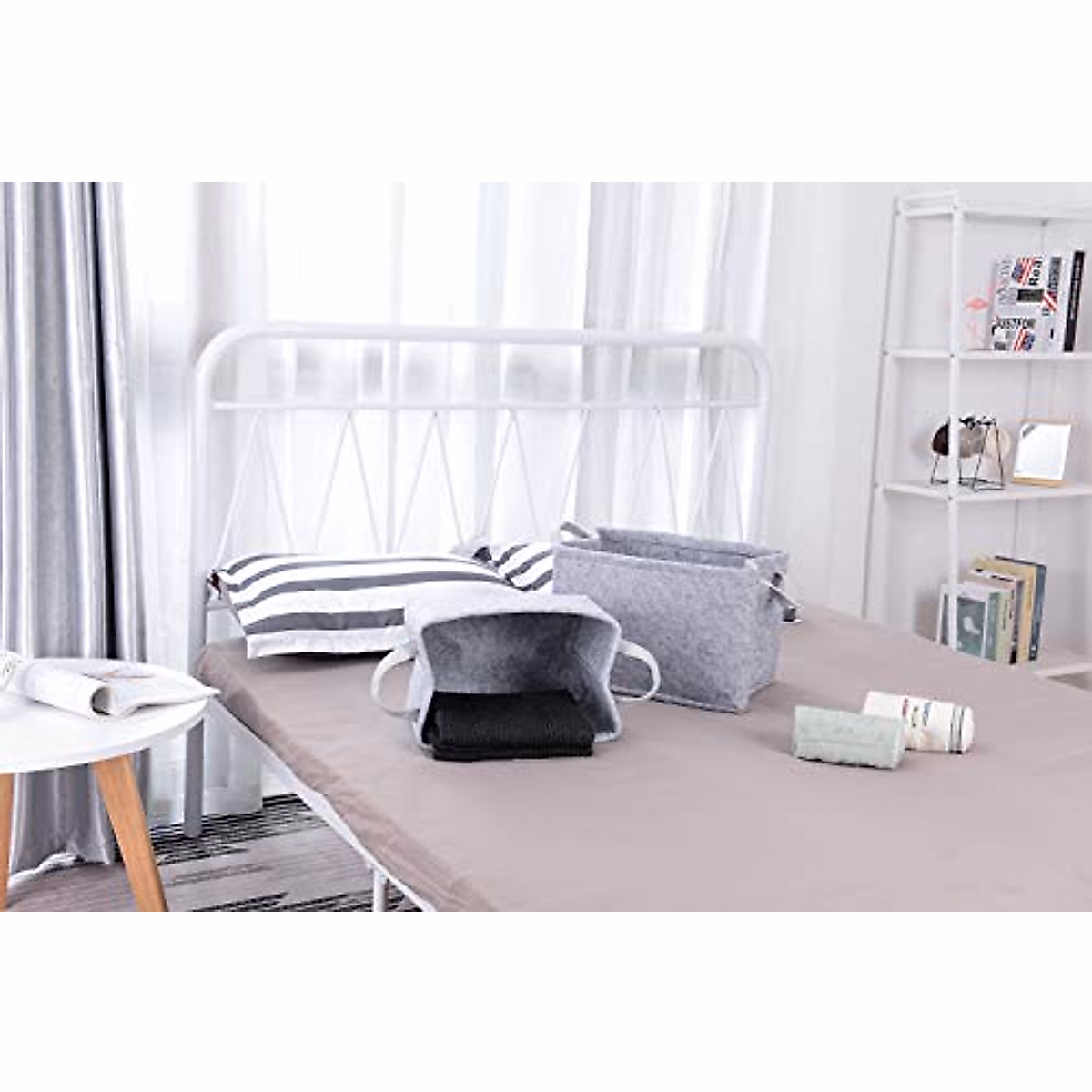 Rhyan Felt Storage Basket/Bin with PU Handles, Collapsible & Convenient Storage Solution for Office, Bedroom, Closet, Toys, Laundry(Light Gray)