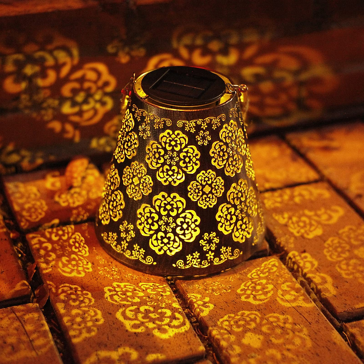 Outdoor Lanterns, Moyisea Hanging Solar Lantern Lights with Rattan Handle and Metal Hollow-Out Flower Lace, Waterproof Decorative Lantern for Patio, Porch, Garden and Tabletop, Bronze