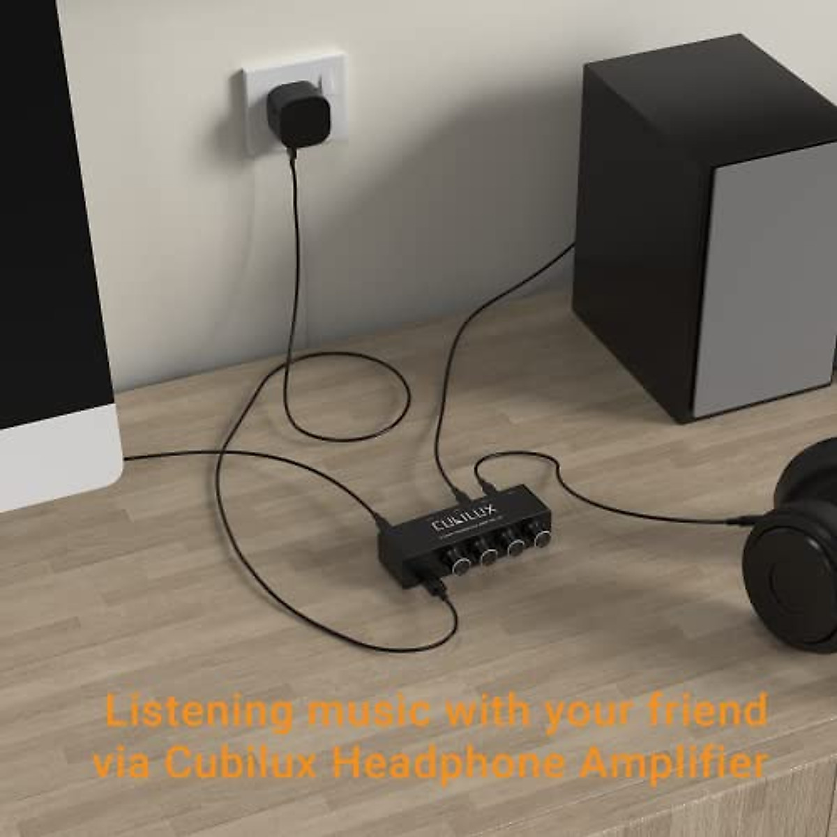 Cubilux 4-Way Headphone Amplifier 3.5mm with Volume Adjustment,Multiple Headphone Jack Splitter for Share Music,Headphone Amplifier for Speaker Earphones Laptop MP3 Player-5V DC Power Supply