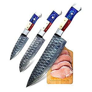 Breliser- 3-Piece Knives Set for Kitchen, Damascus Chef Knife Set With Professional Chef Knife, Santoku Knife, & Paring Knife, Full Diamond-Hammered Kitchen Knifes With Texas Handles, Gifts for Chefs