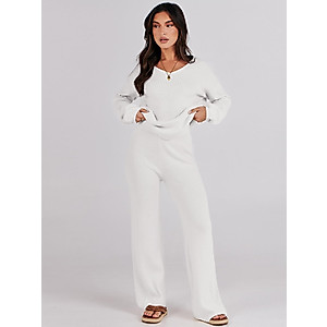 ANRABESS Women 2 Piece Outfits Sweater Lounge Sets Long Sleeve Cable Knit Pullover and Wide Leg Pants Tracksuit Matching Set White Large