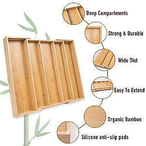 Besilord Silverware Organizer Expandable Kitchen Drawer Organizer Bambooo Utensil Organizer Silverware Tray for Drawer Flatware Cutlery Organizer