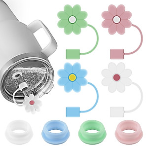 ERKOON Silicone Spill Stopper Set Compatible with YETI Straw Cup 16oz/20oz/24oz/25oz/26oz/35oz, flower yeti straw topper, Straw Protectors, Including 4 Straw Cover Topper Cap, 4 Leak Proof Stopper
