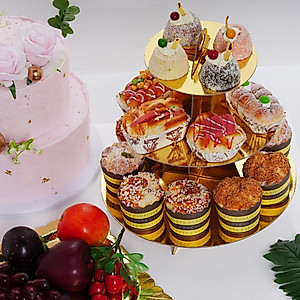 Rbenxia 7 Pieces Cake Stand Set 3-Tier Round Cardboard Cupcake Tower with Rectangle Serving Tray 1-Tier Round Cake Stand Dessert Holders for Birthday Party Wedding Bridal Shower (Gold)