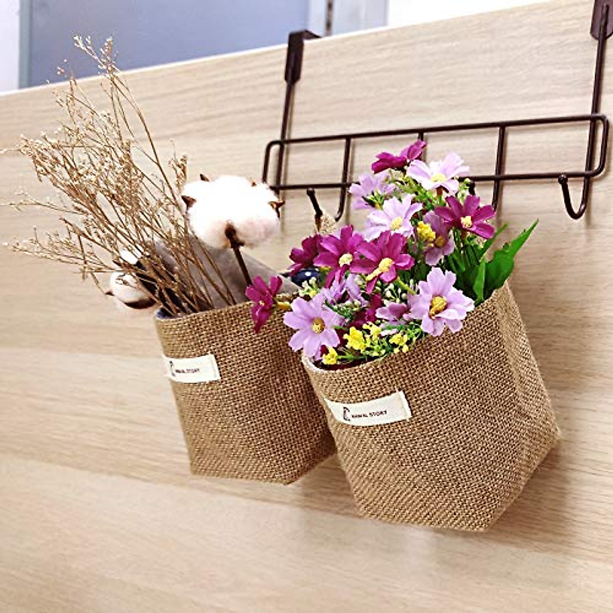 JIAKAI 4pcs Mini Hanging Storage Bag，Cotton Linen Small Storage Basket Decor Bin Bag with Handle, for Wall Door Closet