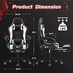 Shahoo Gaming Chair with Footrest and Massage Lumbar Support, Video Racing Seat Height Adjustable with 360°Swivel and Headrest for Office or Bedroom, Red and Black