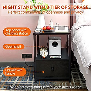 AMHANCIBLE Nightstands Set of 2, End Tables Living Room with Charging Station, Side Table with Drawers and USB Ports & Power Outlets, Sofa Table for Bedroom, Black HET04SDBK