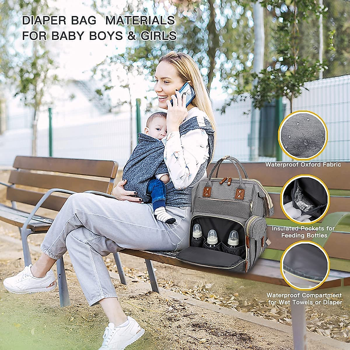 3 in 1 Diaper Bag Backpack with Changing Pad Large Capacity Portable Portable Foldable Mommy Bag Waterproof Newborn Baby Shower Gifts Travel Backpack Stroller Straps（Grey）