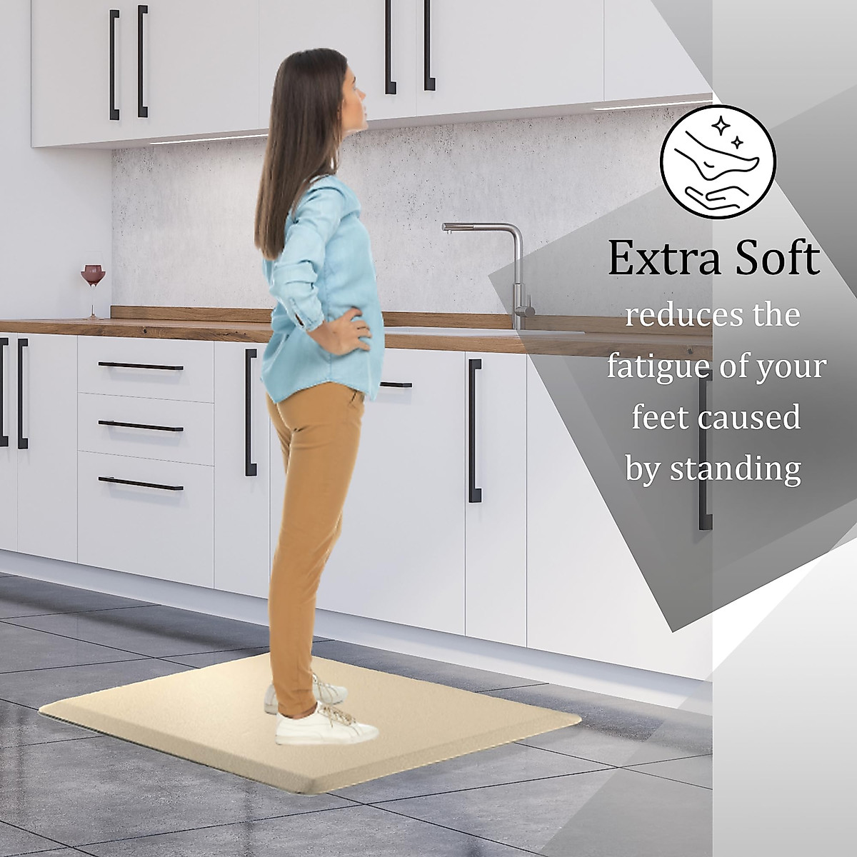 More Décor Anti Fatigue Kitchen Floor Mat, Standing Desk Mat, Double Pack, Non Slip, Waterproof - 0.47 Inches Thick - Rug Sizes 17.3" x 28" and 17.3" x 47.2" - Beige